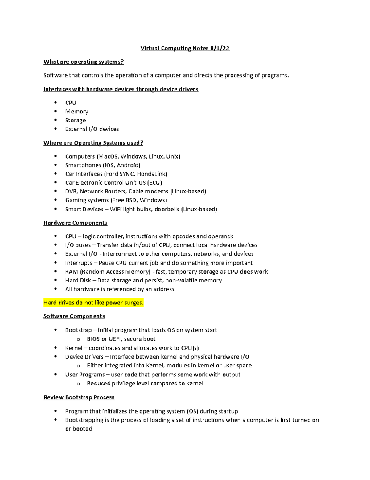 1st lecture notes - Virtual Computing Notes 8/1/ What are operating ...