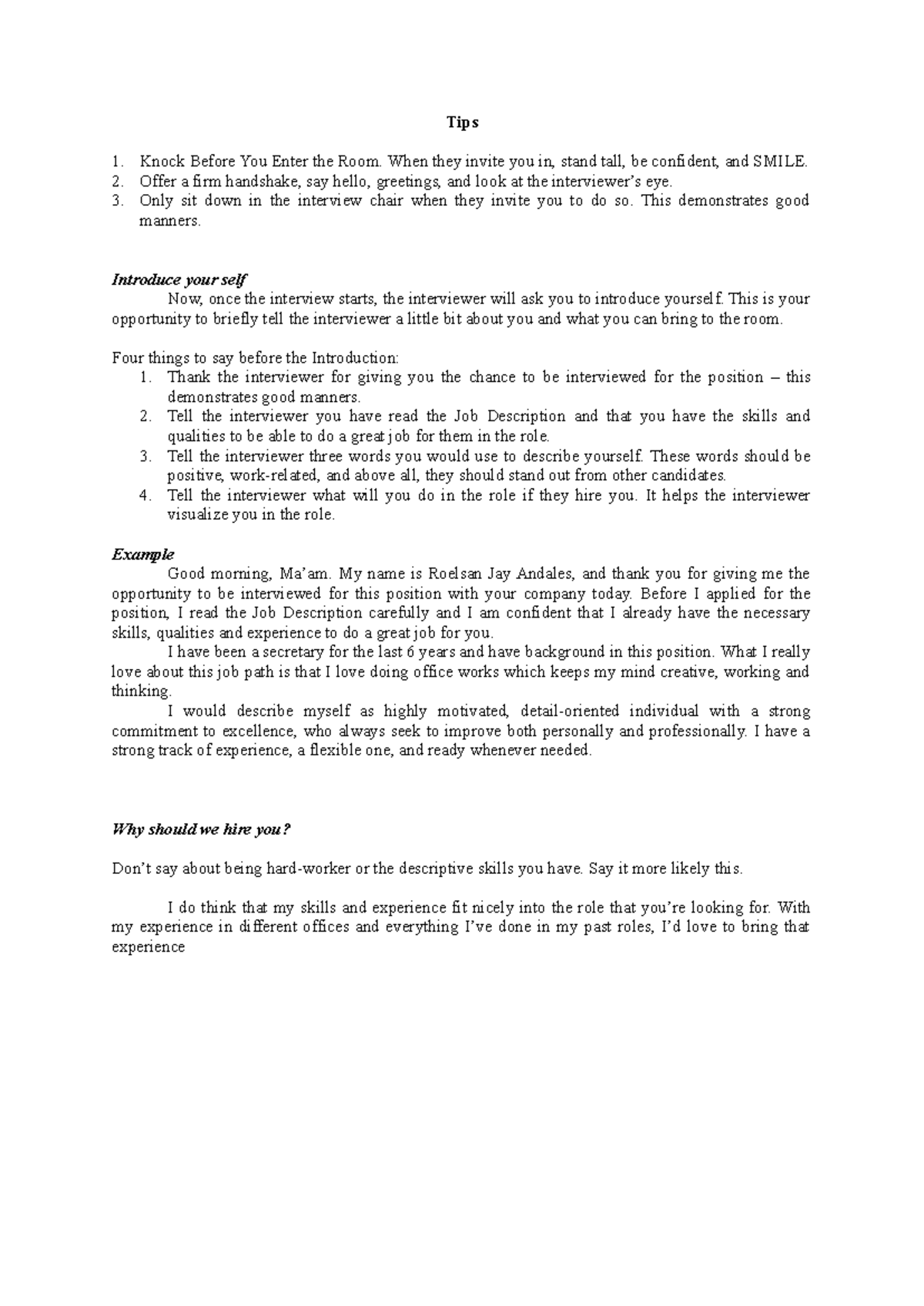 Tips - Tips for Interview. - Tips Knock Before You Enter the Room. When ...