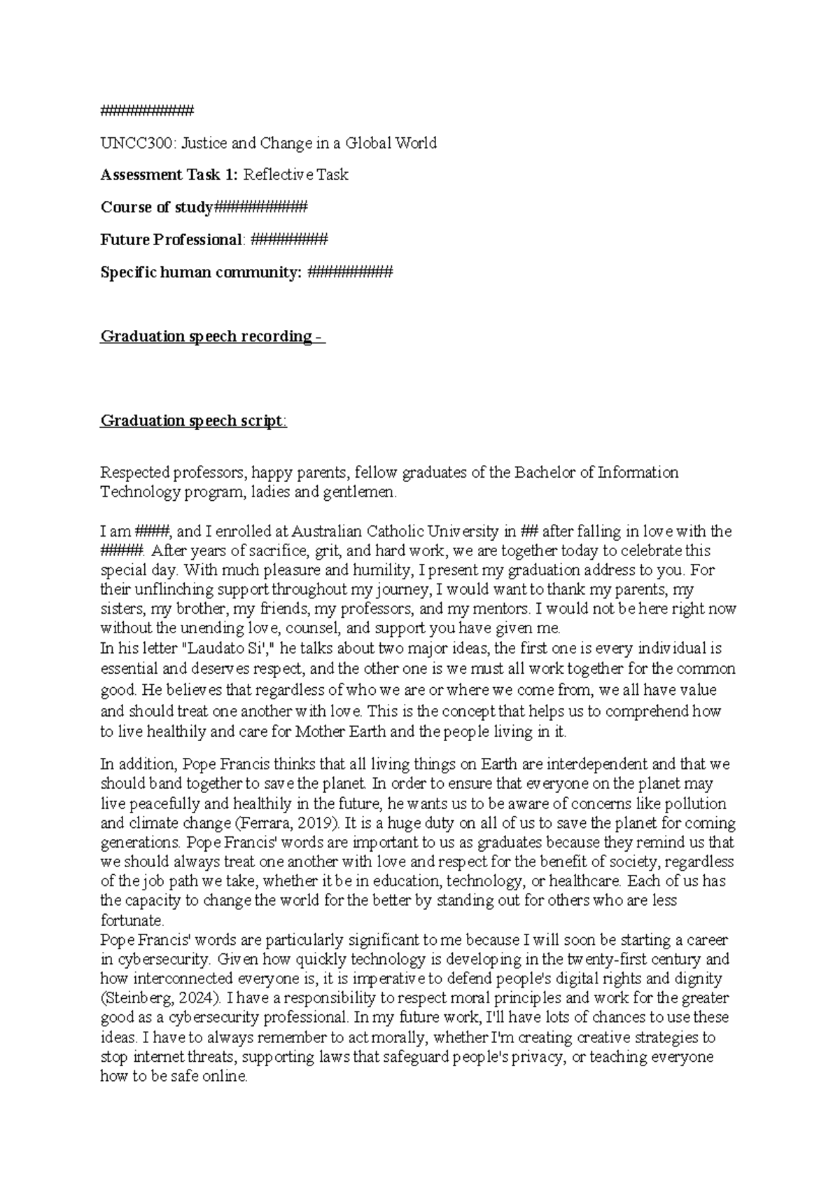 Unc300 - For studying propose - UNCC300: Justice and Change in a Global ...