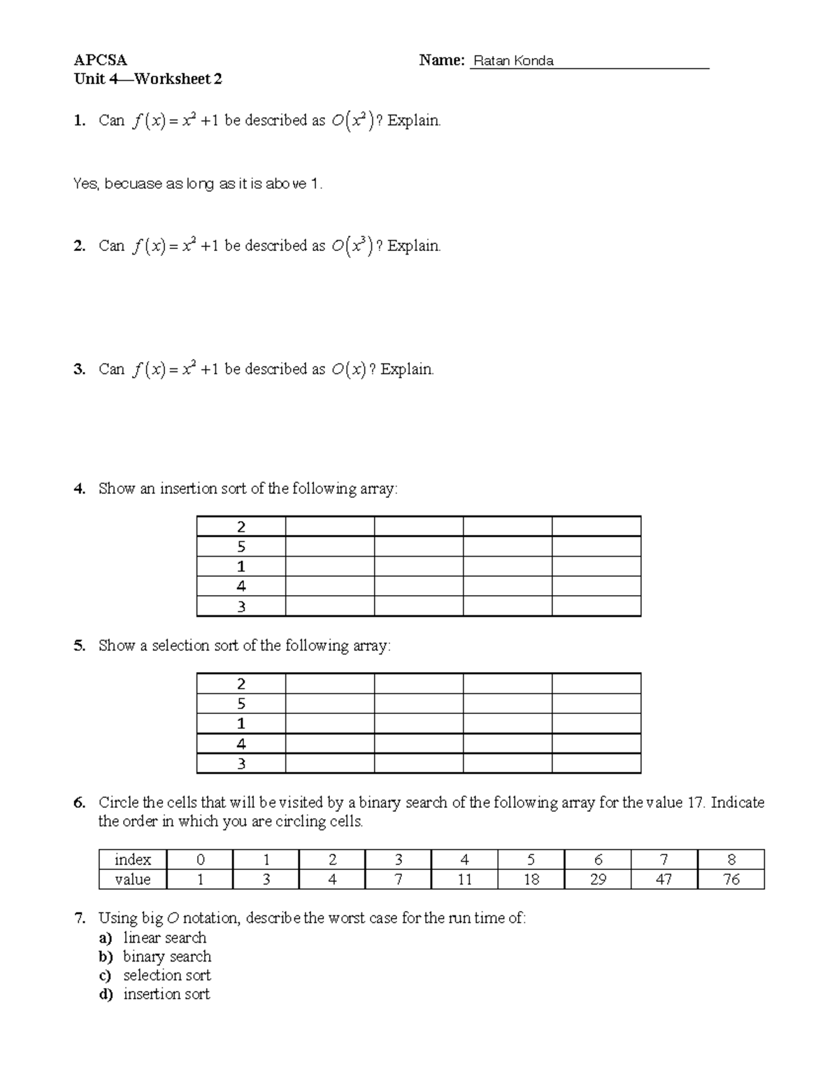 U4WS2 - APCSA Name: _____________________________ Unit 4—Worksheet 2 1. Can ( ) 2 f x = x + 1 be ...