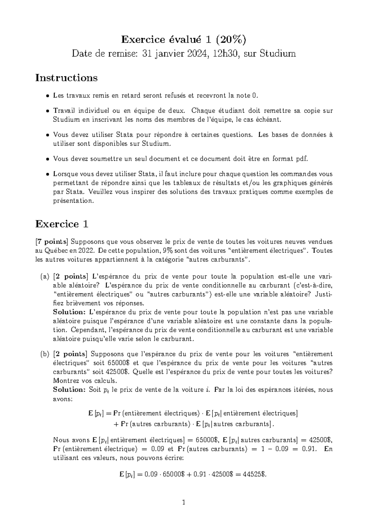 Ex1 sol (1)2024 - Exercice ́evalu ́e 1 (20%) Date de remise: 31 janvier 2024, 12h30, sur Studium ...