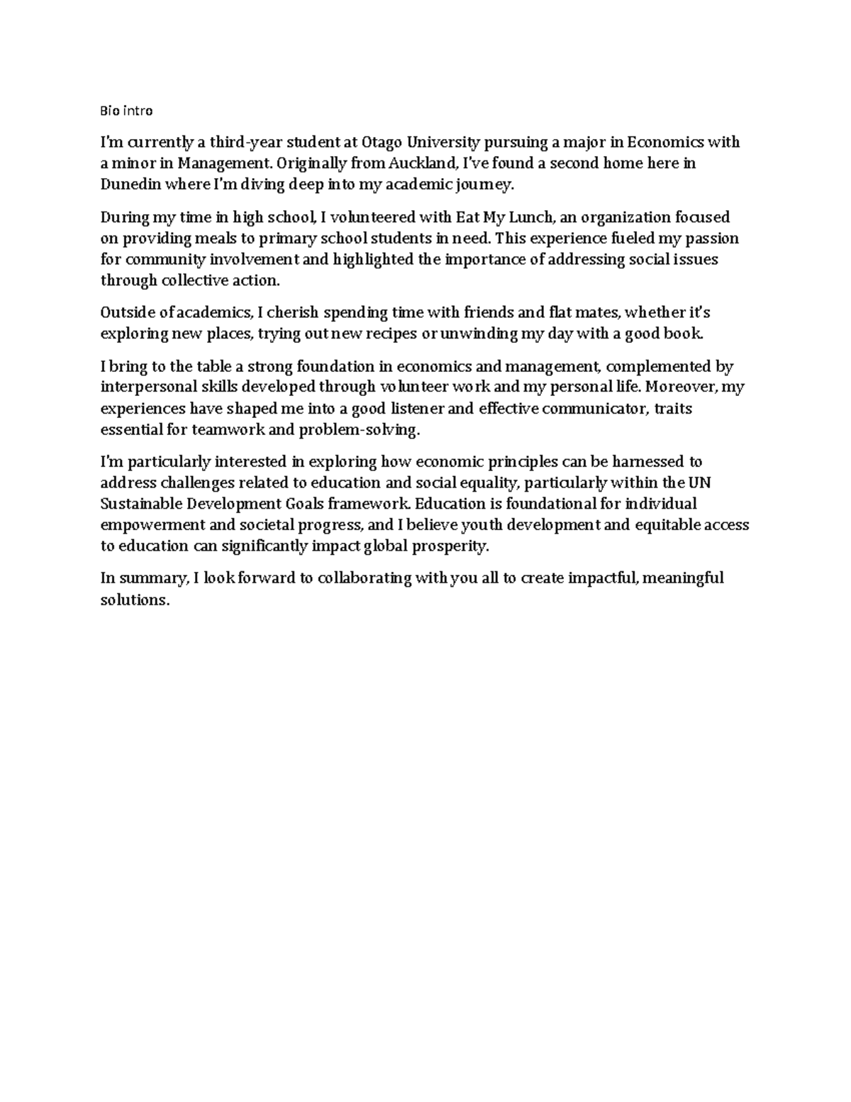 Bio intro - Bio intro I'm currently a third-year student at Otago ...