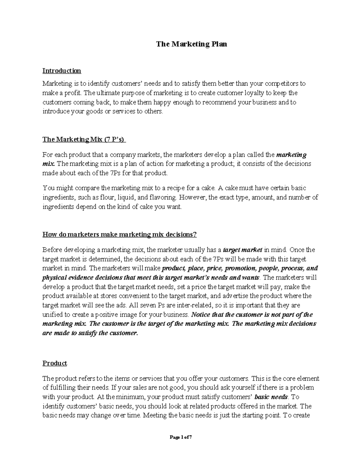 The Marketing Plan - Additional Notes - The Marketing Plan Introduction ...