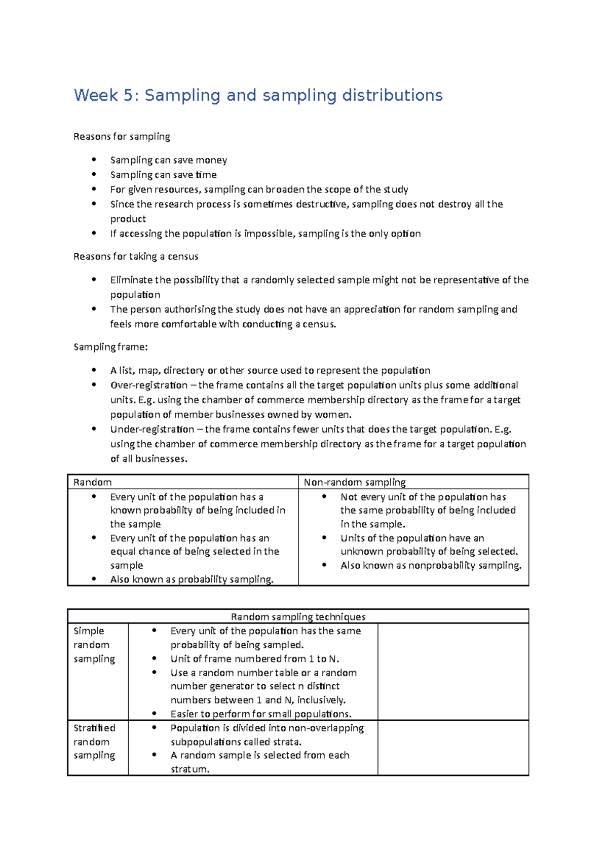 Week 5 Lecture Notes Sampling Week 5 Sampling And Sampling Distributions Reasons For