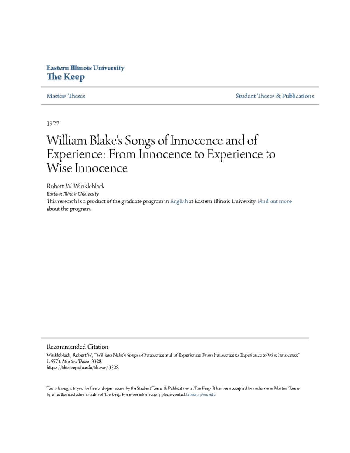 William Blakes Songs of Innocence and of Experience From Innoce ...