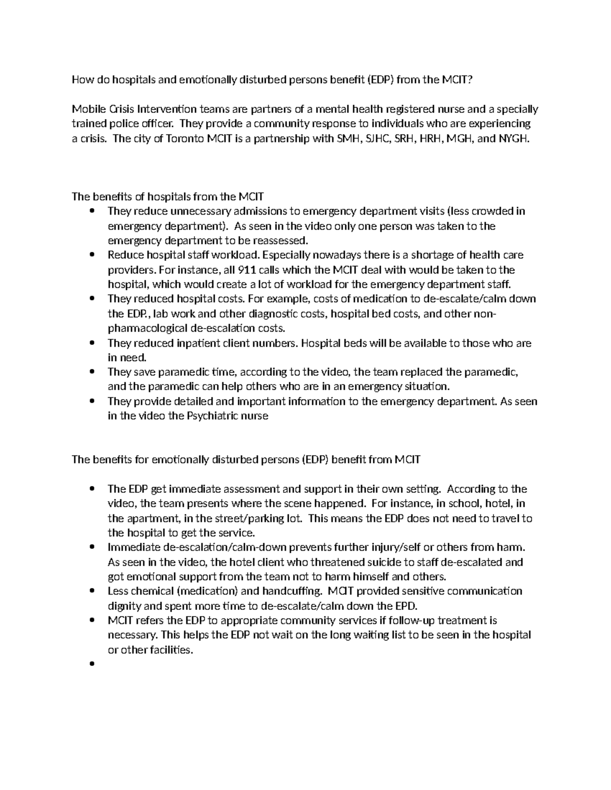 Assignment 1 - How do hospitals and emotionally disturbed persons ...