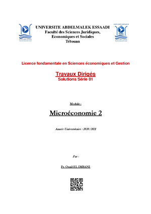 TD 1 Micro 2022.2023 Corrigé - TD microéconomie : Série I Exercice 1 : 1) Qu’est-ce que la - Studocu