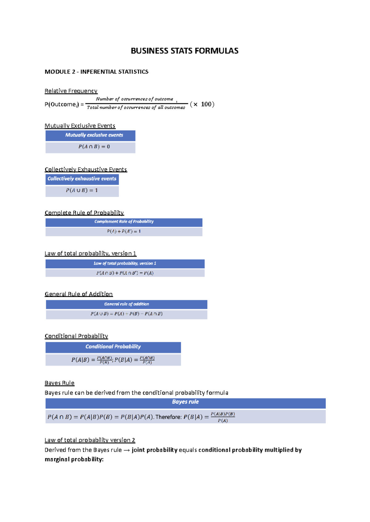 Business Statistics Formulas - BUSINESS STATS FORMULAS MODULE 2 ...