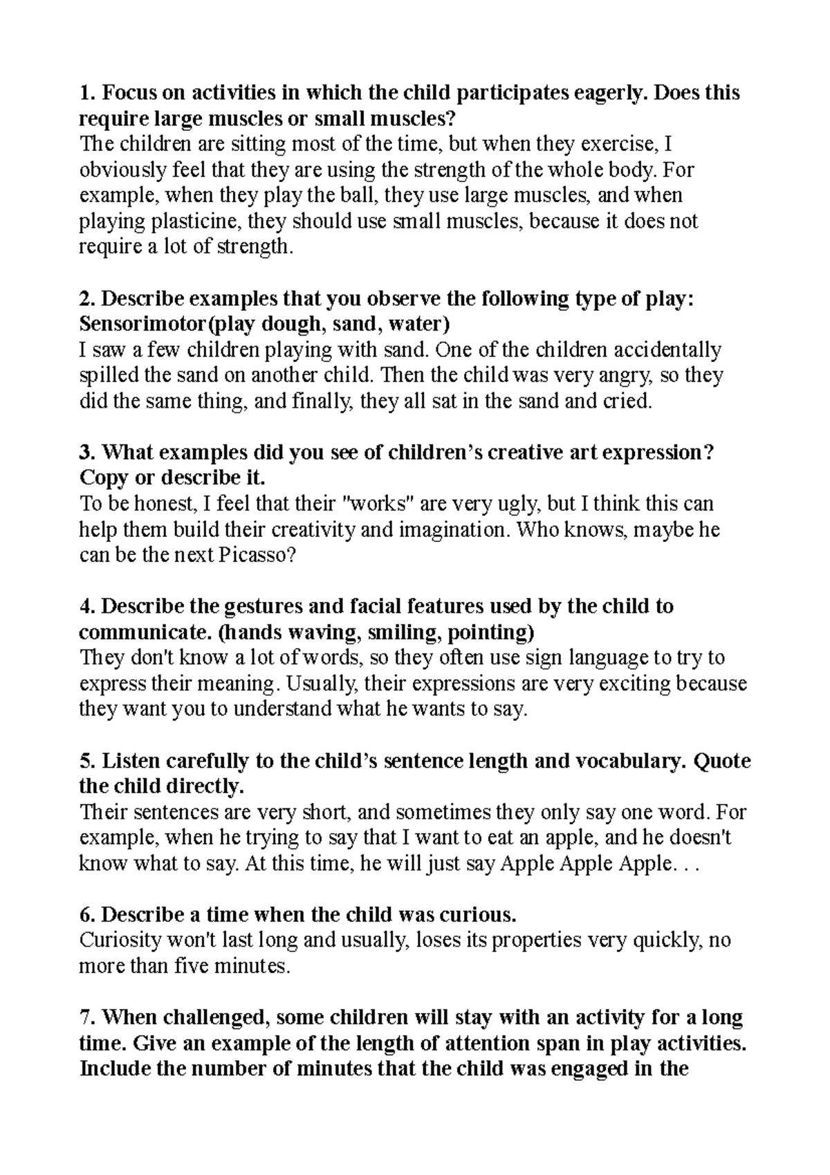 Kids Health Observation 3 - 1. Focus on activities in which the child ...