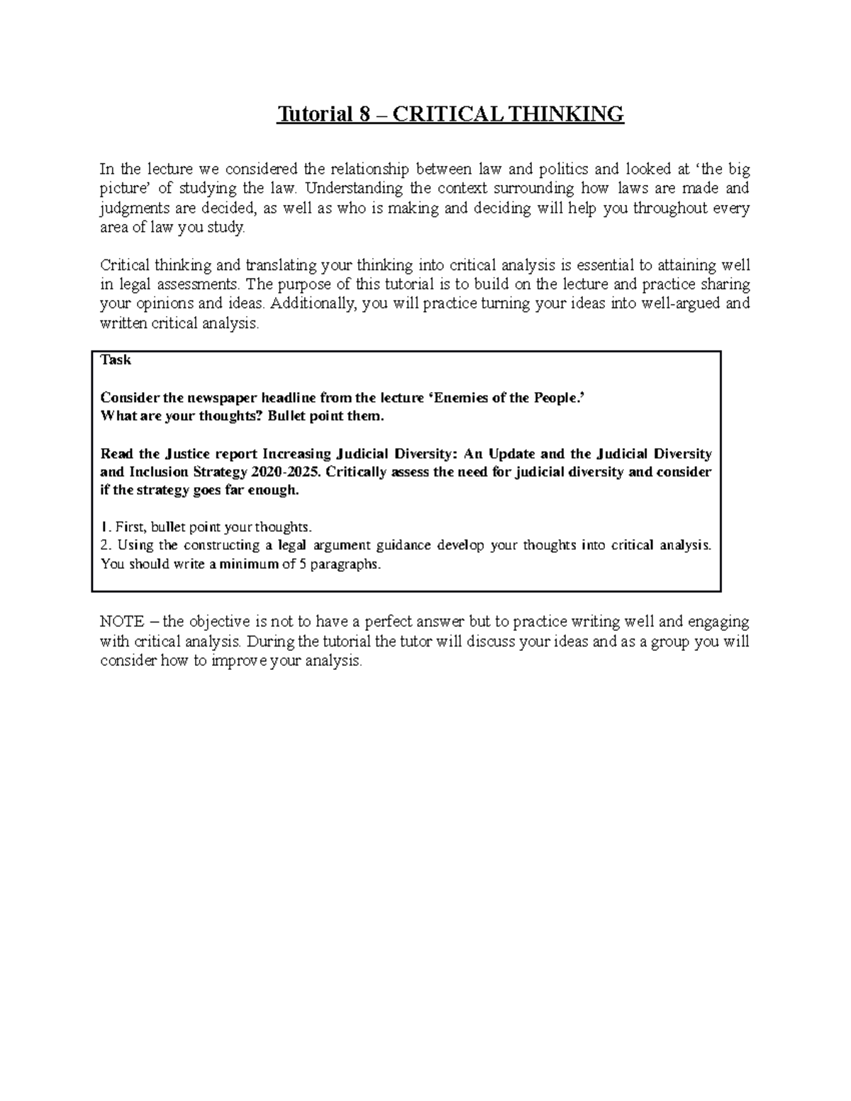 Tutorial 8 - Tutorial 8 – CRITICAL THINKING In the lecture we ...