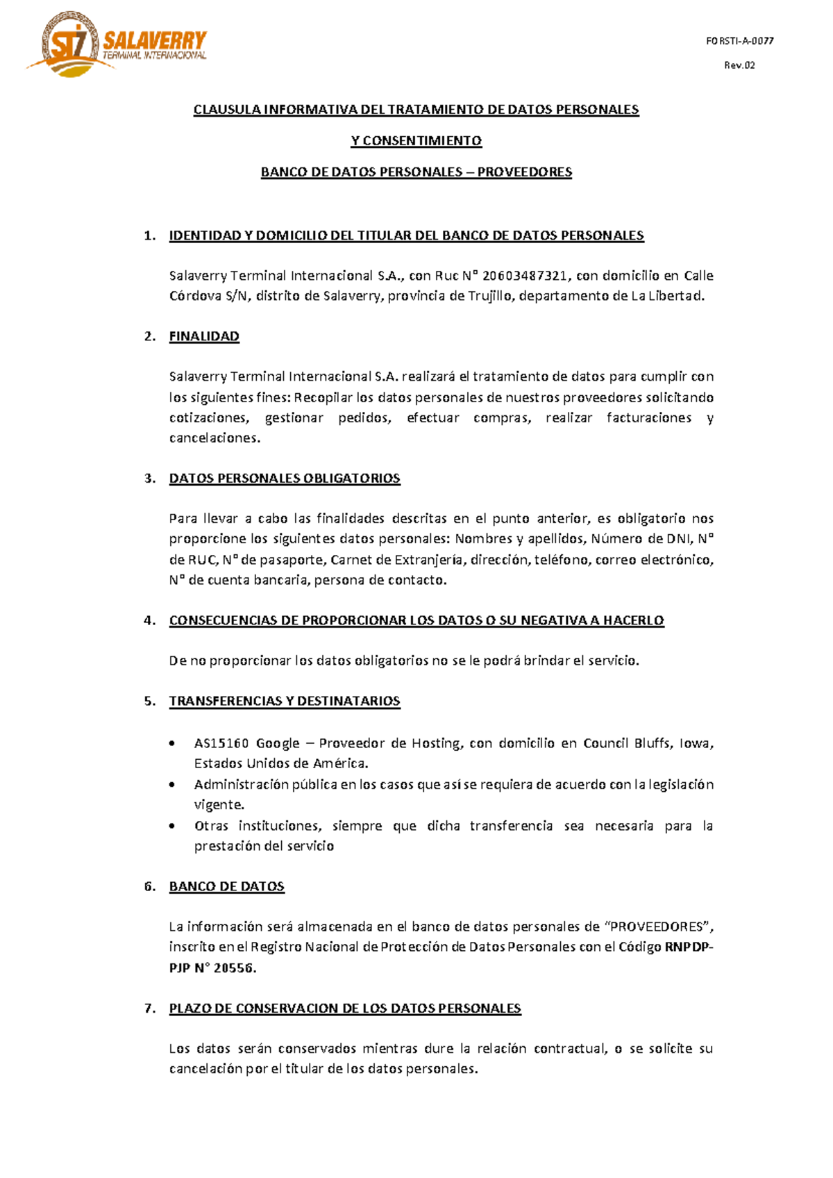 Forsti-A-0077 Cláusula Informativa - Proveedores - FORSTI-A- 0077 Rev 2 ...
