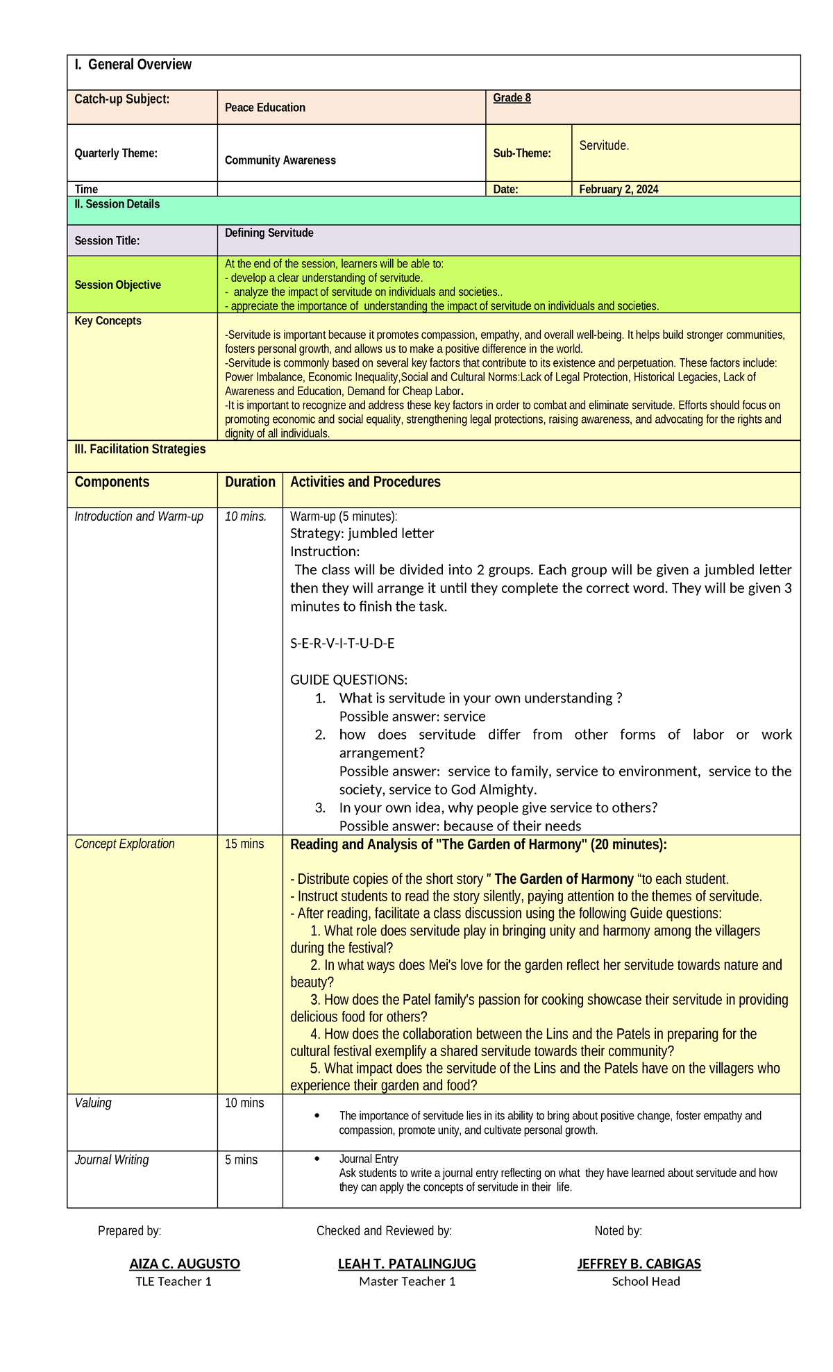 Peace catch up lesson plan day 1 - I. General Overview Catch-up Subject ...