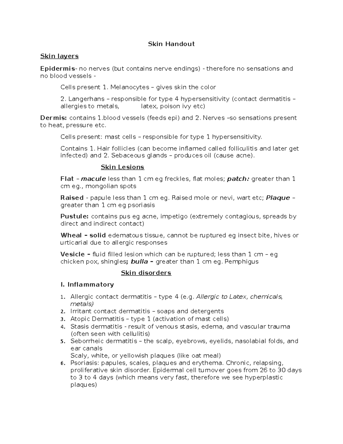 Skin Handout - Freebie - Skin Handout Skin layers Epidermis- no nerves ...