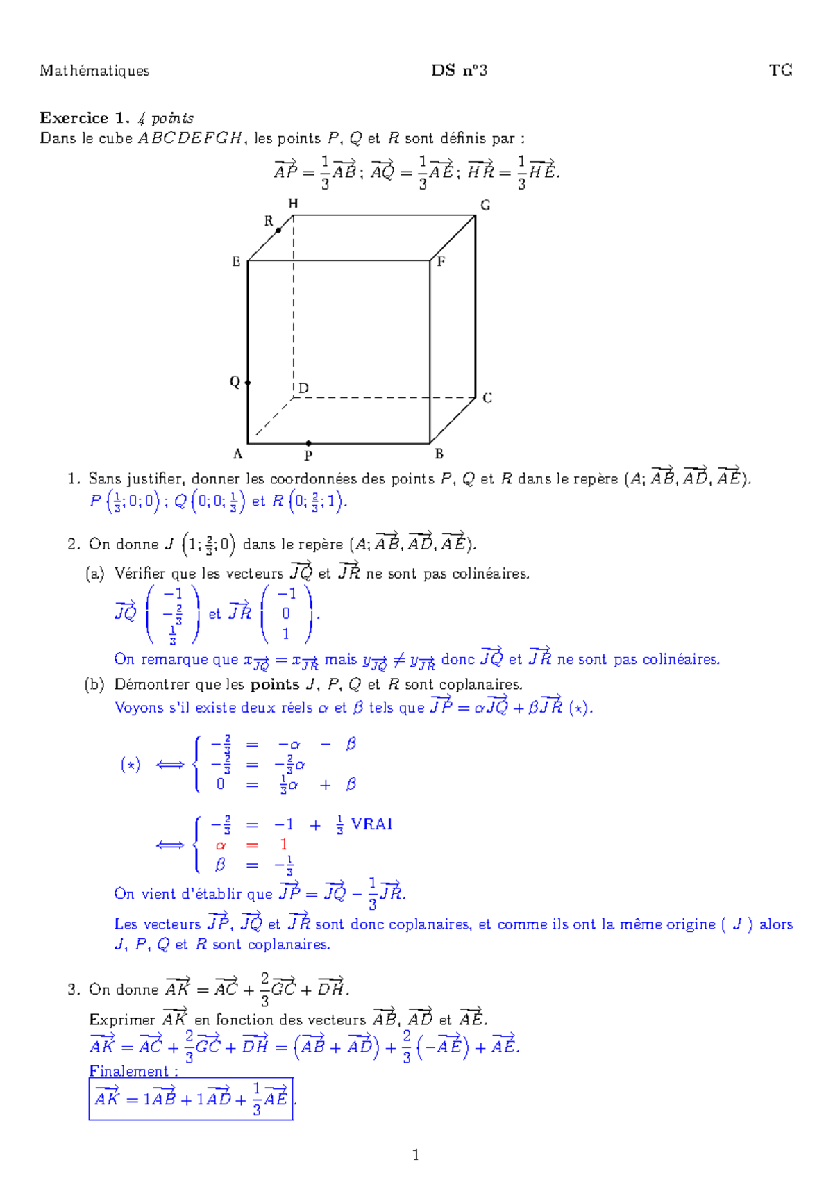23-24 TG-DS3b-correction - Mathématiques DS n 3 TG Exercice 1. 4 points Dans le cube ABCDEF GH ...