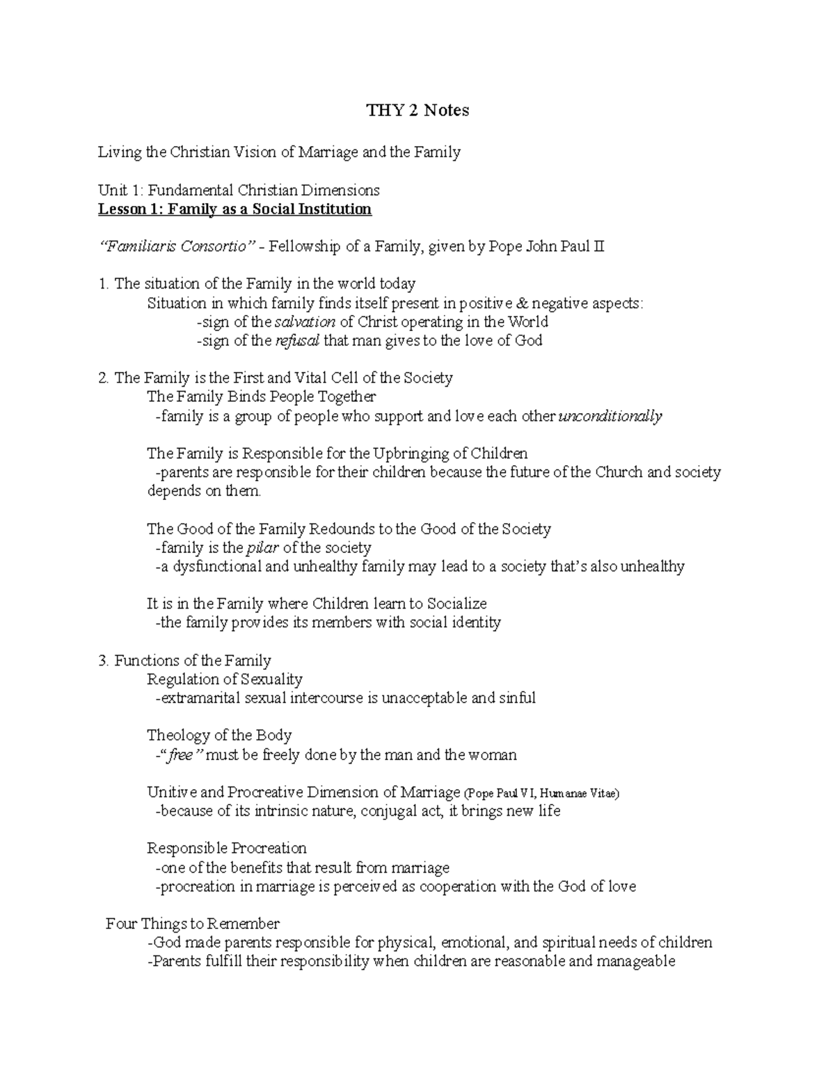 Theology - notes - THY 2 Notes Living the Christian Vision of Marriage ...
