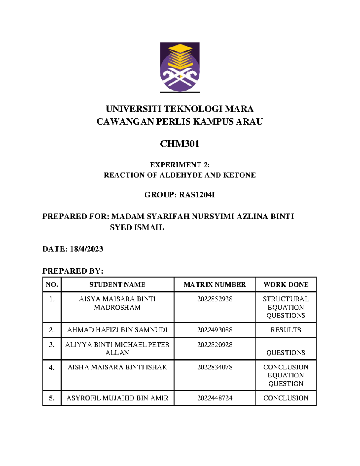 CHM301 Experiment 2 - UNIVERSITI TEKNOLOGI MARA CAWANGAN PERLIS KAMPUS ARAU CHM EXPERIMENT 2 ...