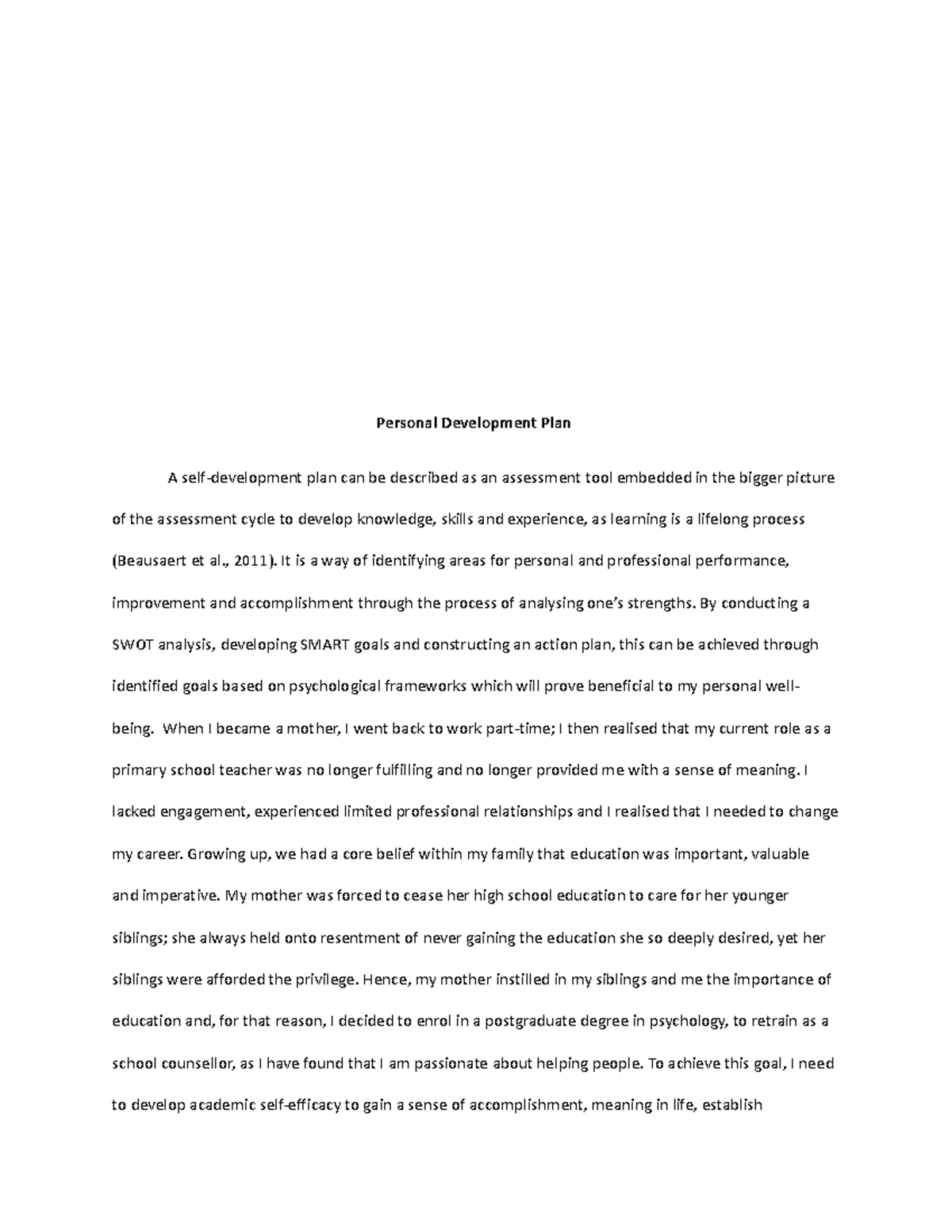 Self Dev't Plan Final - Personal self development plan. Self efficacy ...