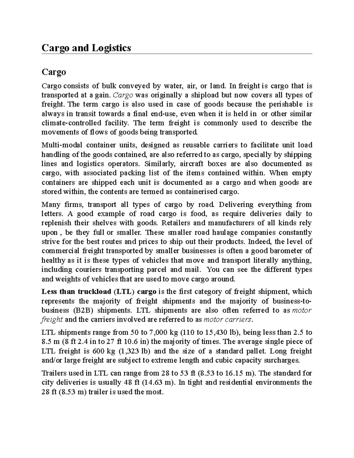 Cargo and Logistics - read it ans solve questions - Cargo and Logistics ...