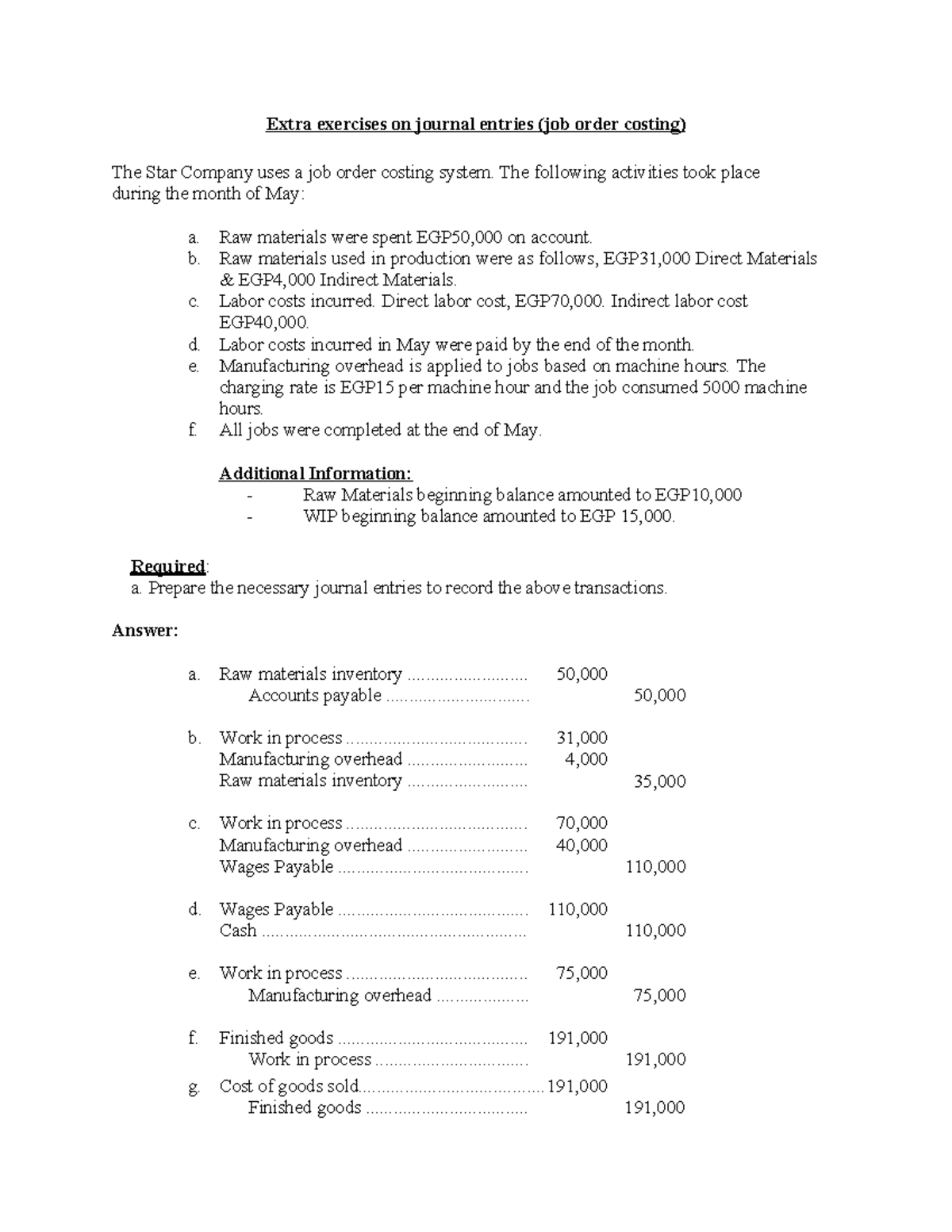 Job order entries exercises - Extra exercises on journal entries (job ...