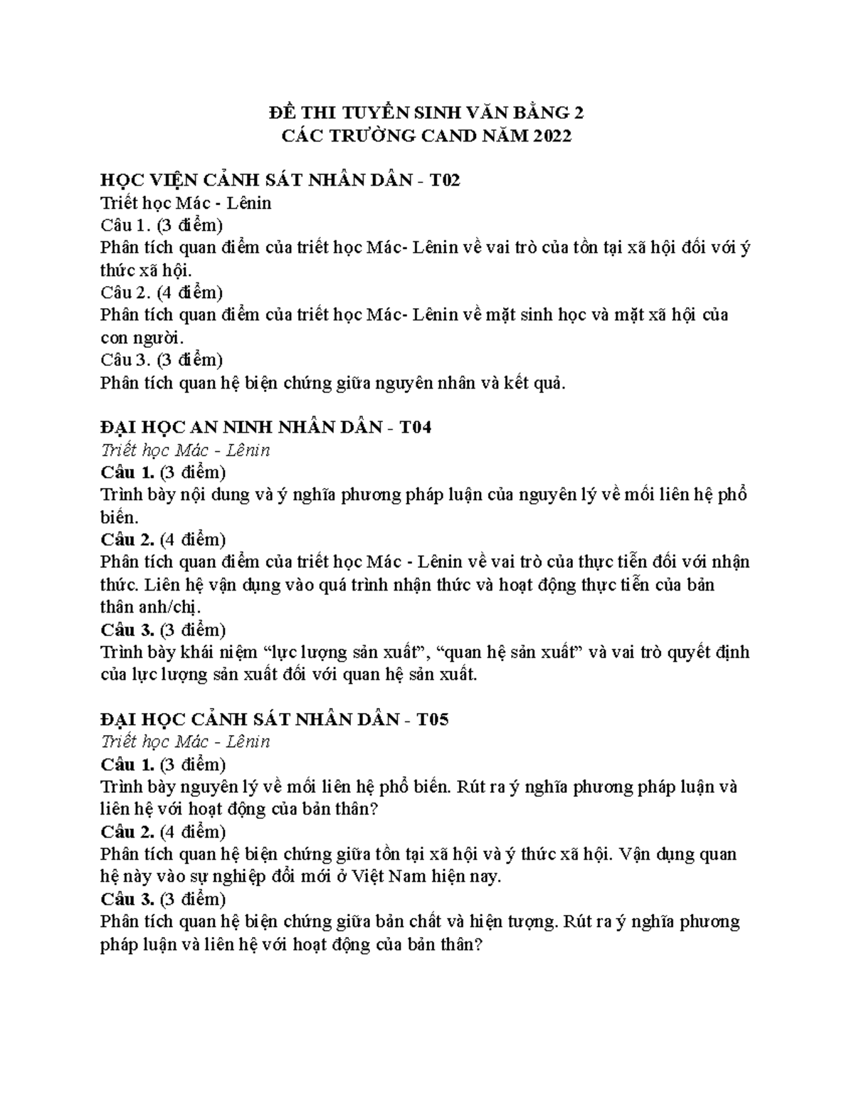 ĐỀ THI TRIẾT HỌC VB2 - ĐỀ THI TUYỂN SINH VĂN BẰNG 2 CÁC TRƯỜNG CAND NĂM 2022 HỌC VIỆN CẢNH SÁT ...