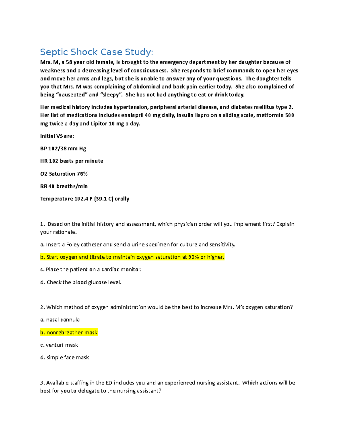 Case Study Septic Shock - Septic Shock Case Study: Mrs. M, a 58 year ...