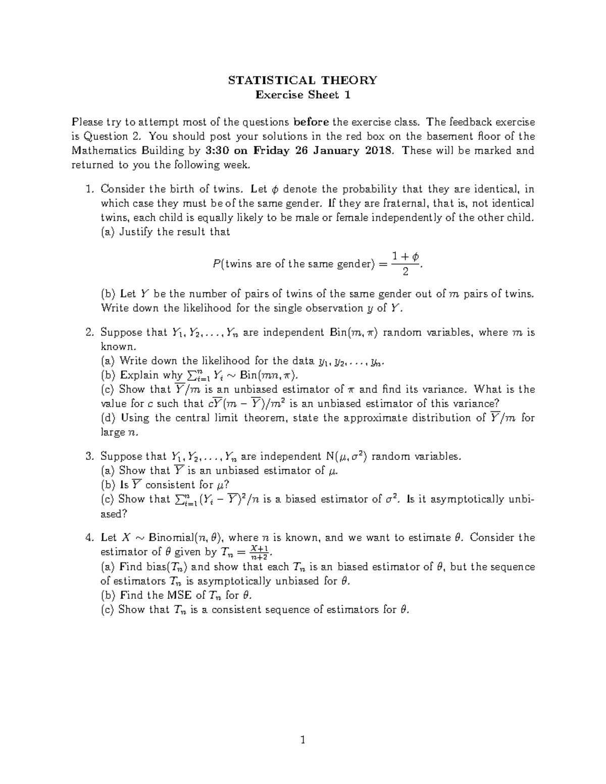 STATISTICAL THEORY Exercise Sheet 1 - STATISTICAL THEORY Exercise Sheet ...