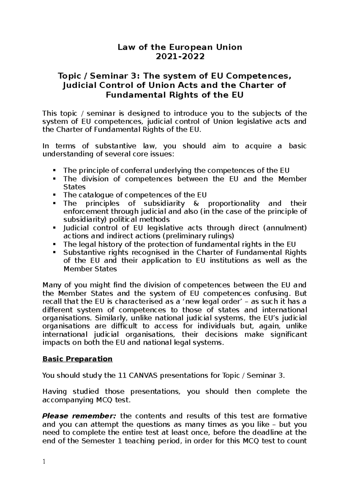 EU Law 21-22 Seminar 3 - Law of the European Union 2021- Topic ...