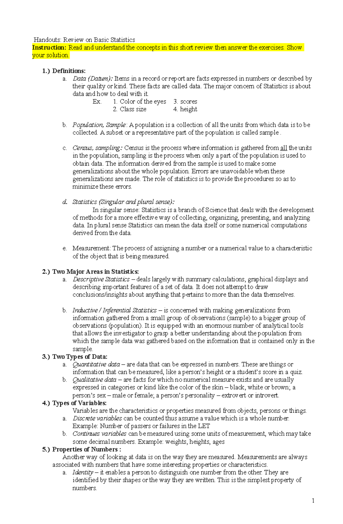 Module 0 CPE105 -Review on Statistics - Handouts: Review on Basic ...
