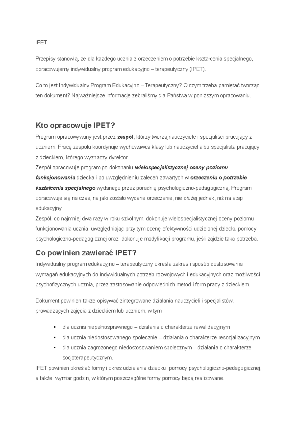 IPET - Ipet - IPET Przepisy stanowią, że dla każdego ucznia z orzeczeniem o potrzebie ...