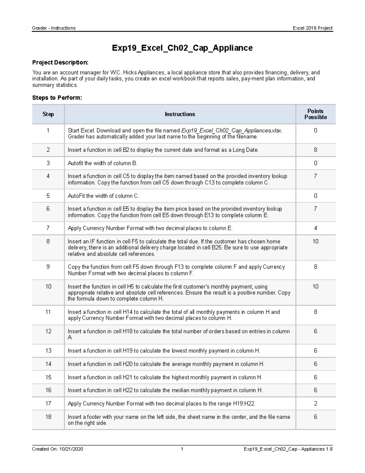 Class 02Appliances explanation - Grader - Instructions Excel 2019 ...