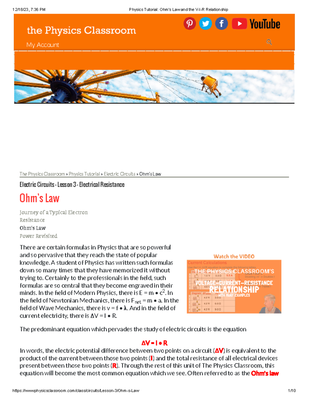 Physics Tutorial Ohm's Law and the V-I-R Relationship - My Account The ...
