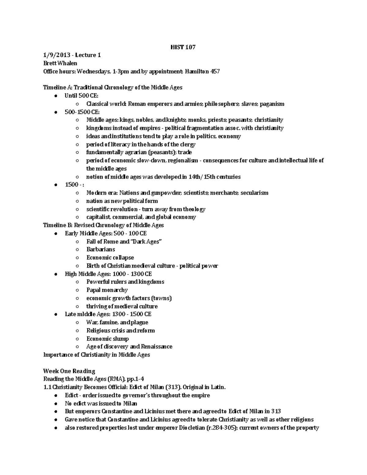HIST 107 - Lecture notes 1-18 - HIST 107 1/9/2013 - Lecture 1 Brett ...
