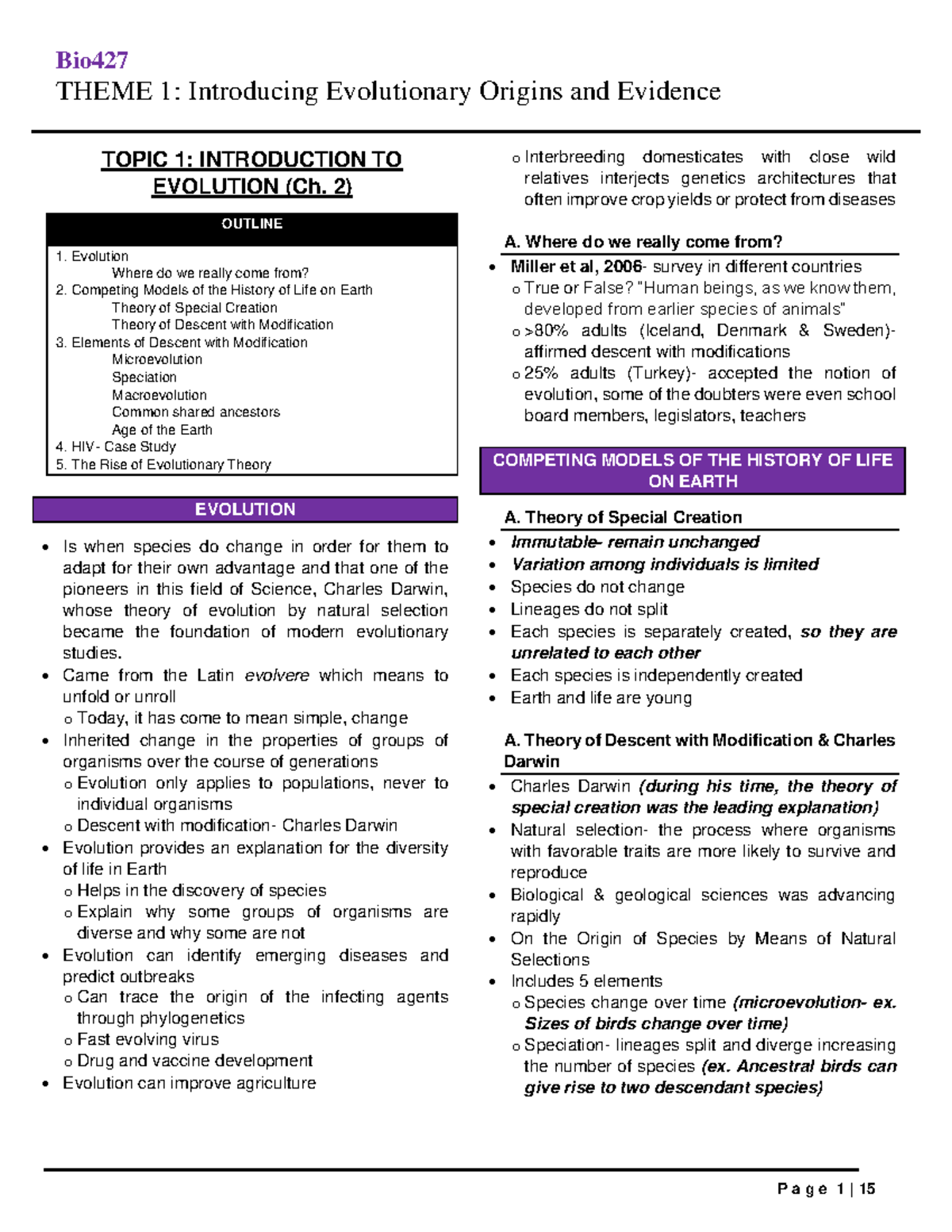 Bio427- Theme 1 (Introducing Evolutionary Origins and Evidence) Notes ...