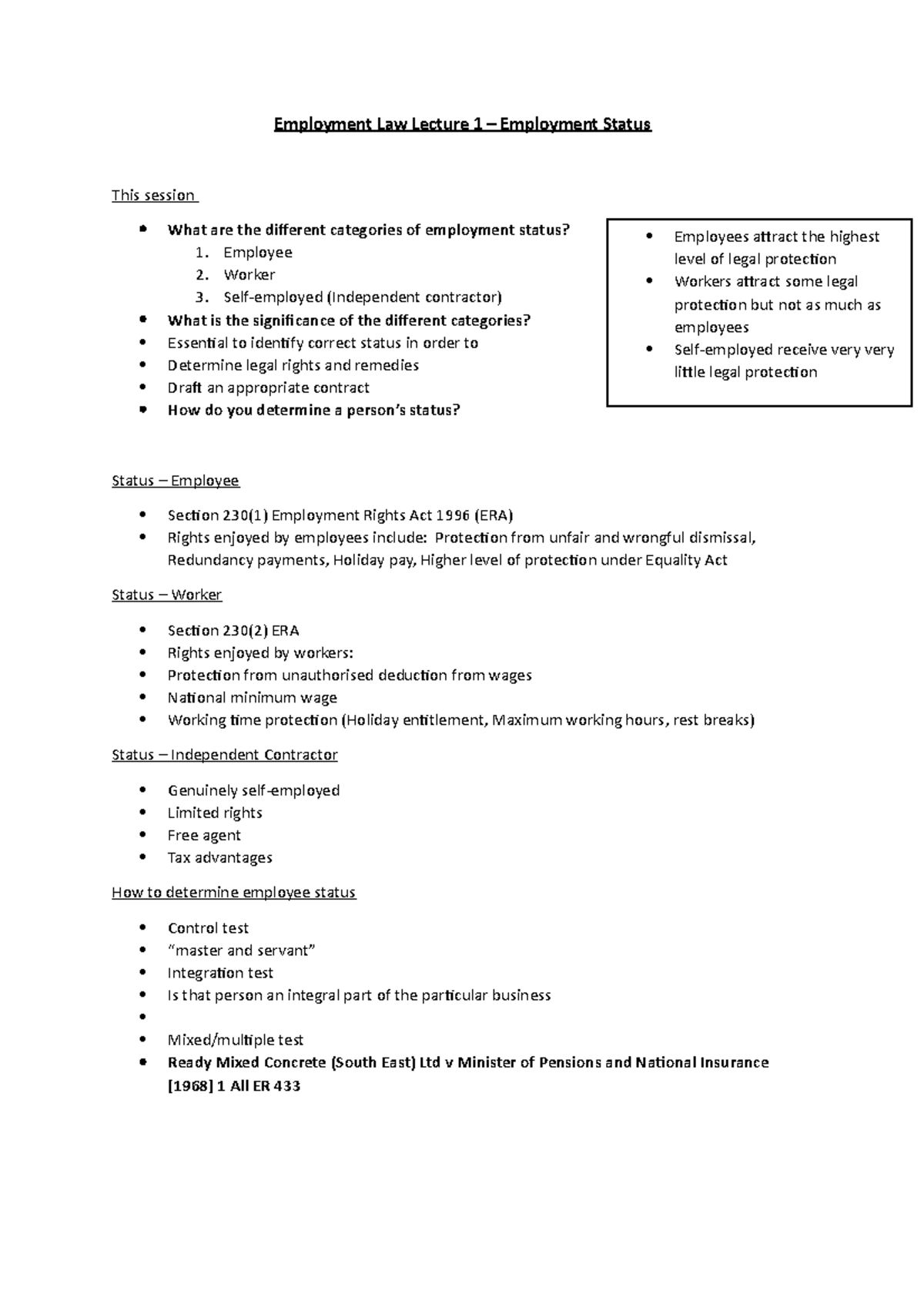 Lecture notes from lecture on employment law - Employment Law Lecture 1 ...
