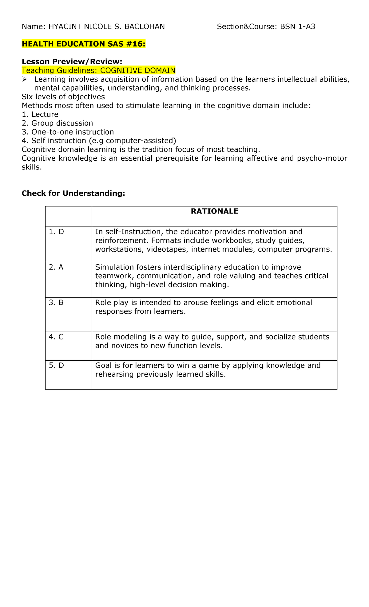 SAS #16-19 - NUR 098 - HEALTH EDUCATION SAS #16: Lesson Preview/Review ...