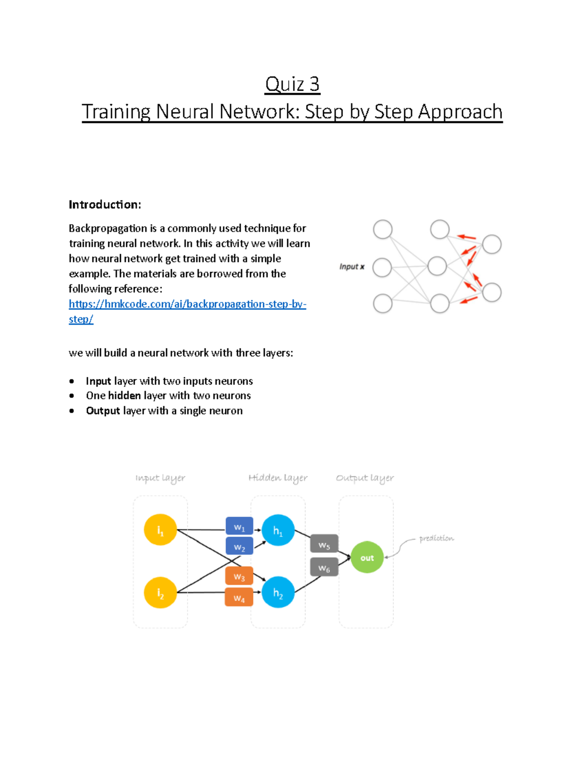 Quiz 3 - Guideline - Lab manual - Quiz 3 Training Neural Network: Step ...