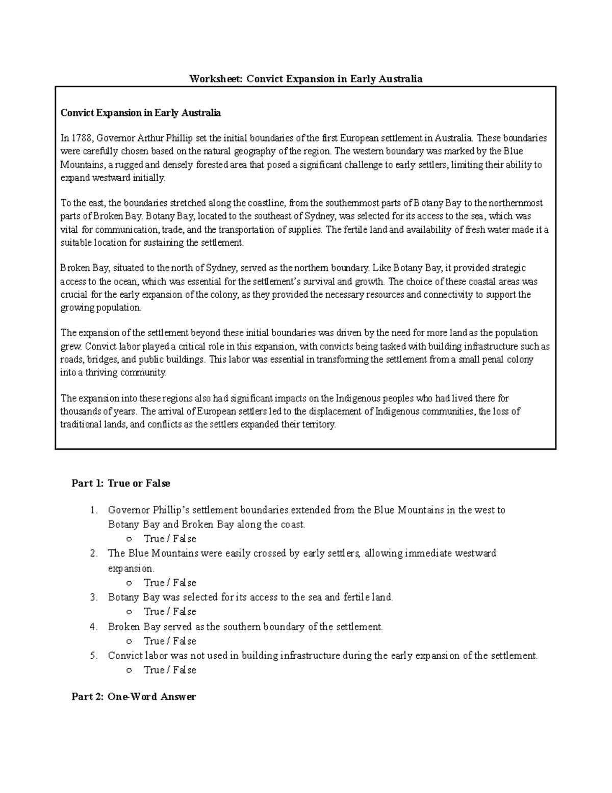 Convict expansion worksheet - Worksheet: Convict Expansion in Early ...