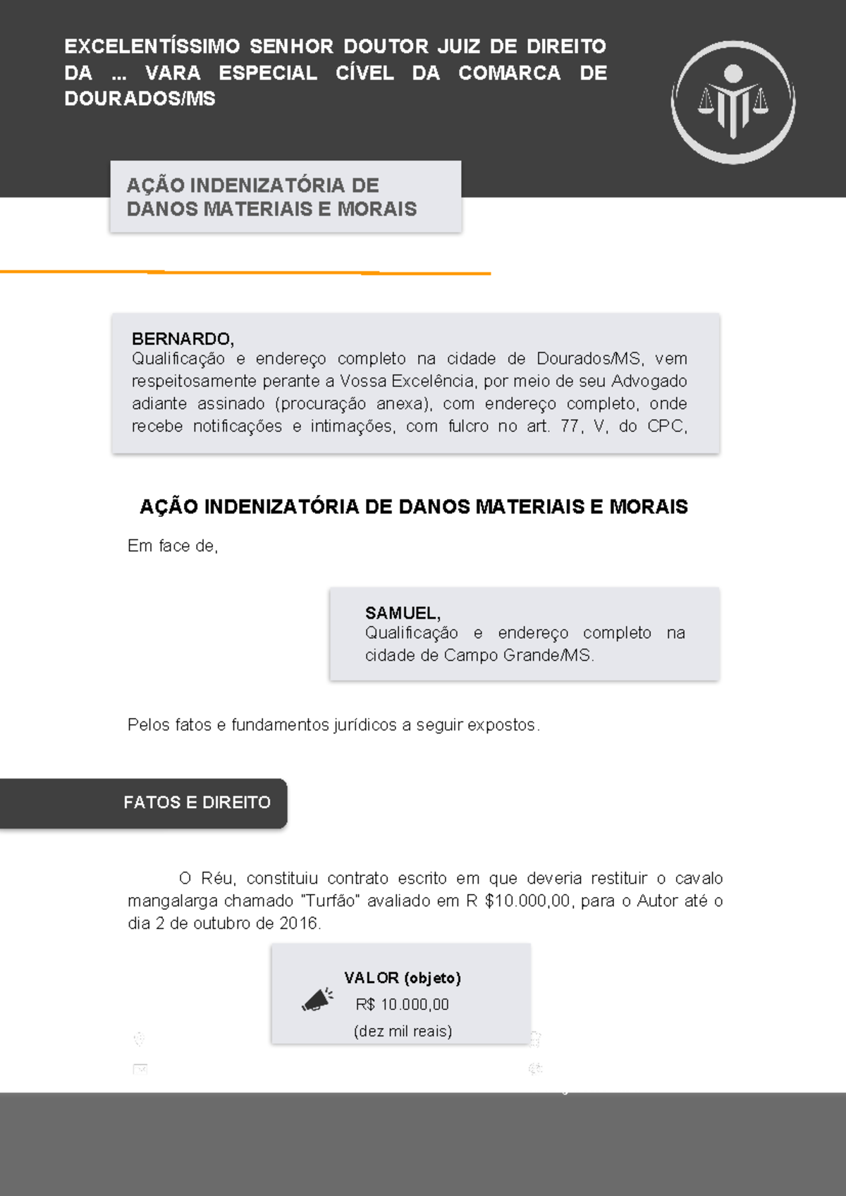 Petição Inicial - Ação de Indenizatória de Danos Materiais e Morais ...