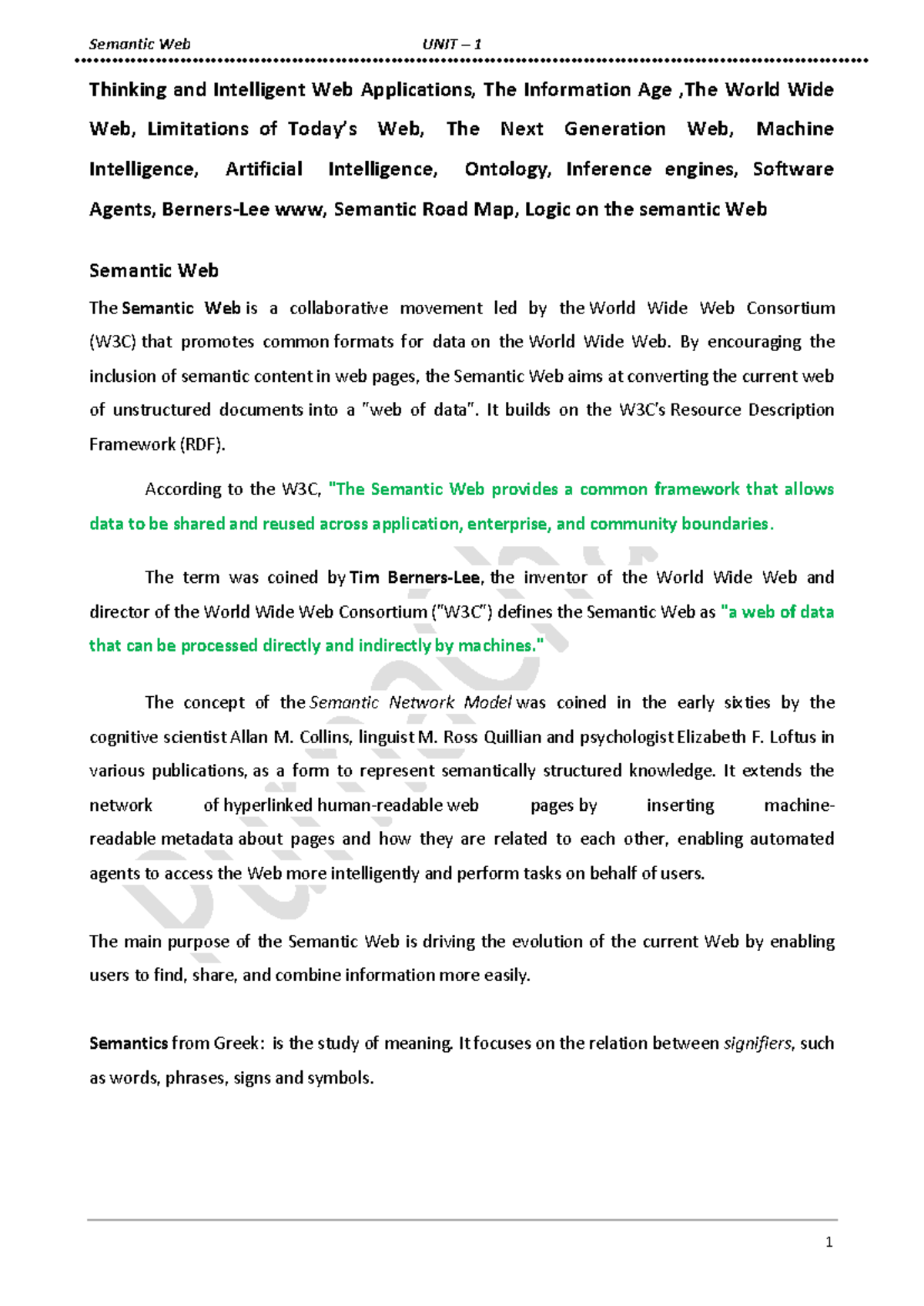 Semantic WEB UNIT - 1 & 2 - Summary Computer science - Thinking and ...