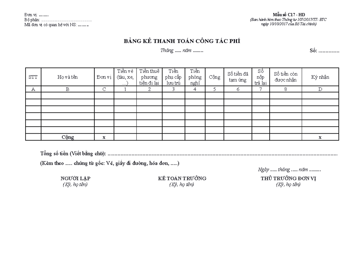 Mẫu bảng kê thanh toán công tác phí - Đơn vị: ....... Bộ phận: - Studocu