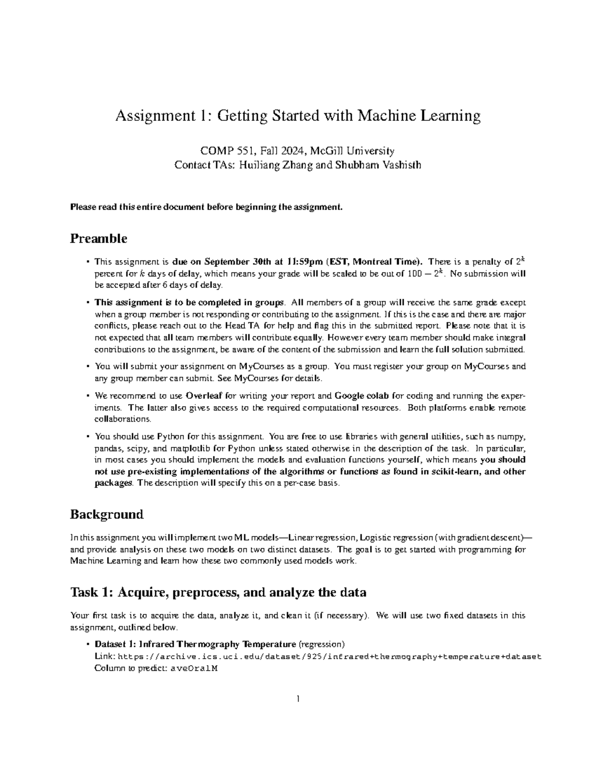 COMP551 Assignment 1 Fall2024 - Assignment 1: Getting Started with Machine Learning COMP 551 ...