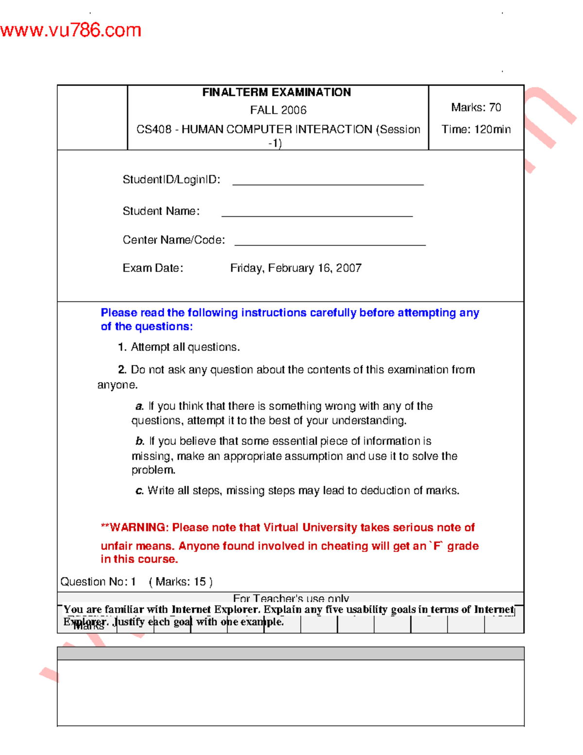Cs408 final term 1 www - FINALTERM EXAMINATION FALL 2006 CS408 - HUMAN COMPUTER INTERACTION ...
