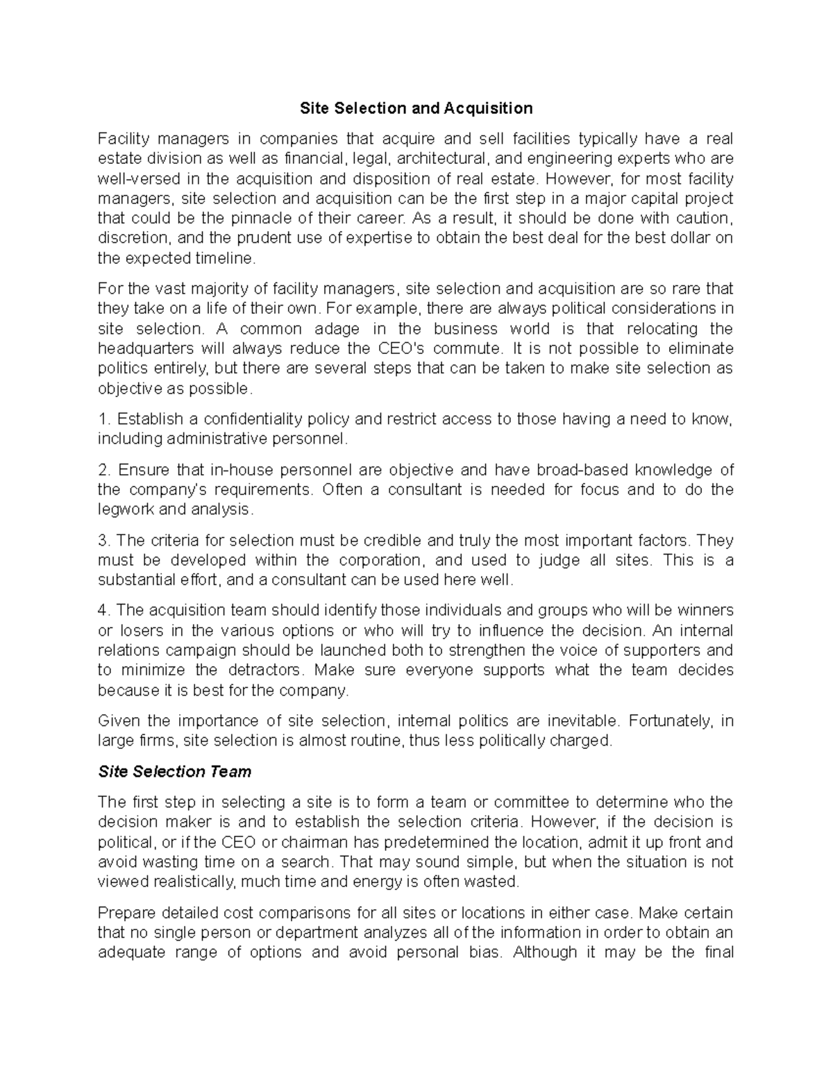 Lesson 4 Site Selection and Acquisition - Site Selection and ...