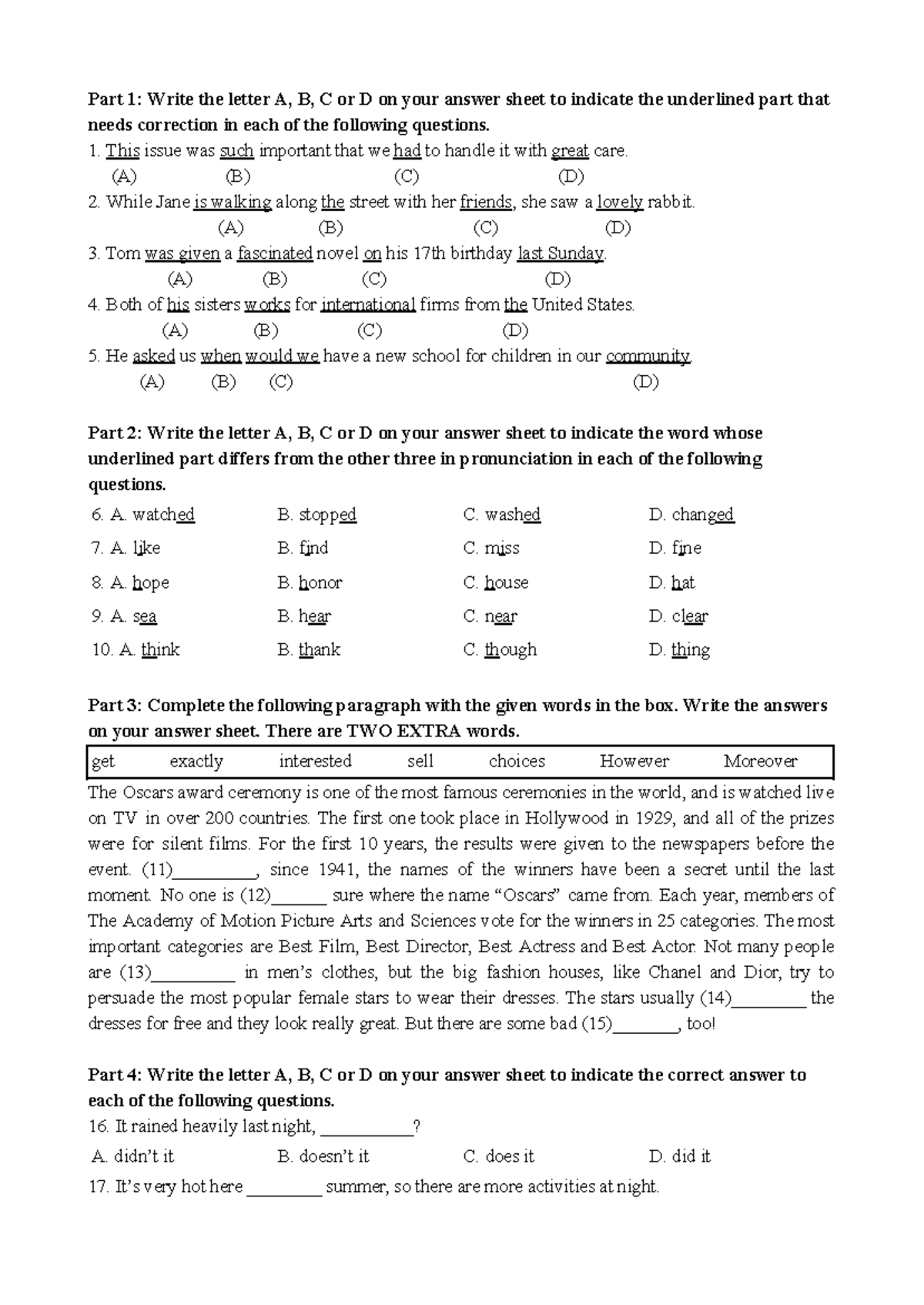 TEST - nothing - Part 1: Write the letter A, B, C or D on your answer ...