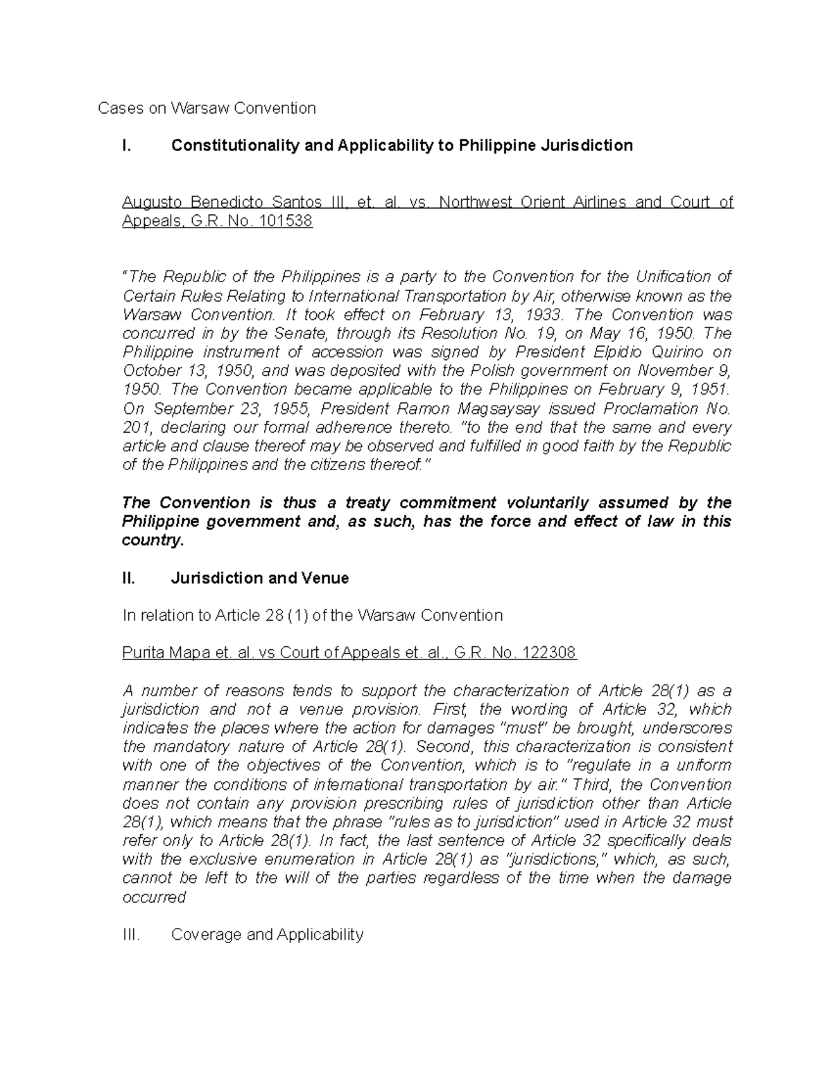Cases on Warsaw Convention - Constitutionality and Applicability to ...