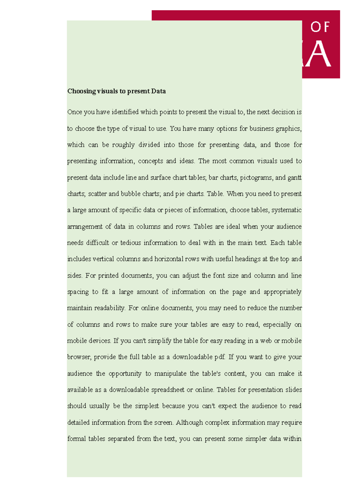 Documents Business - Choosing visuals to present Data - Choosing ...
