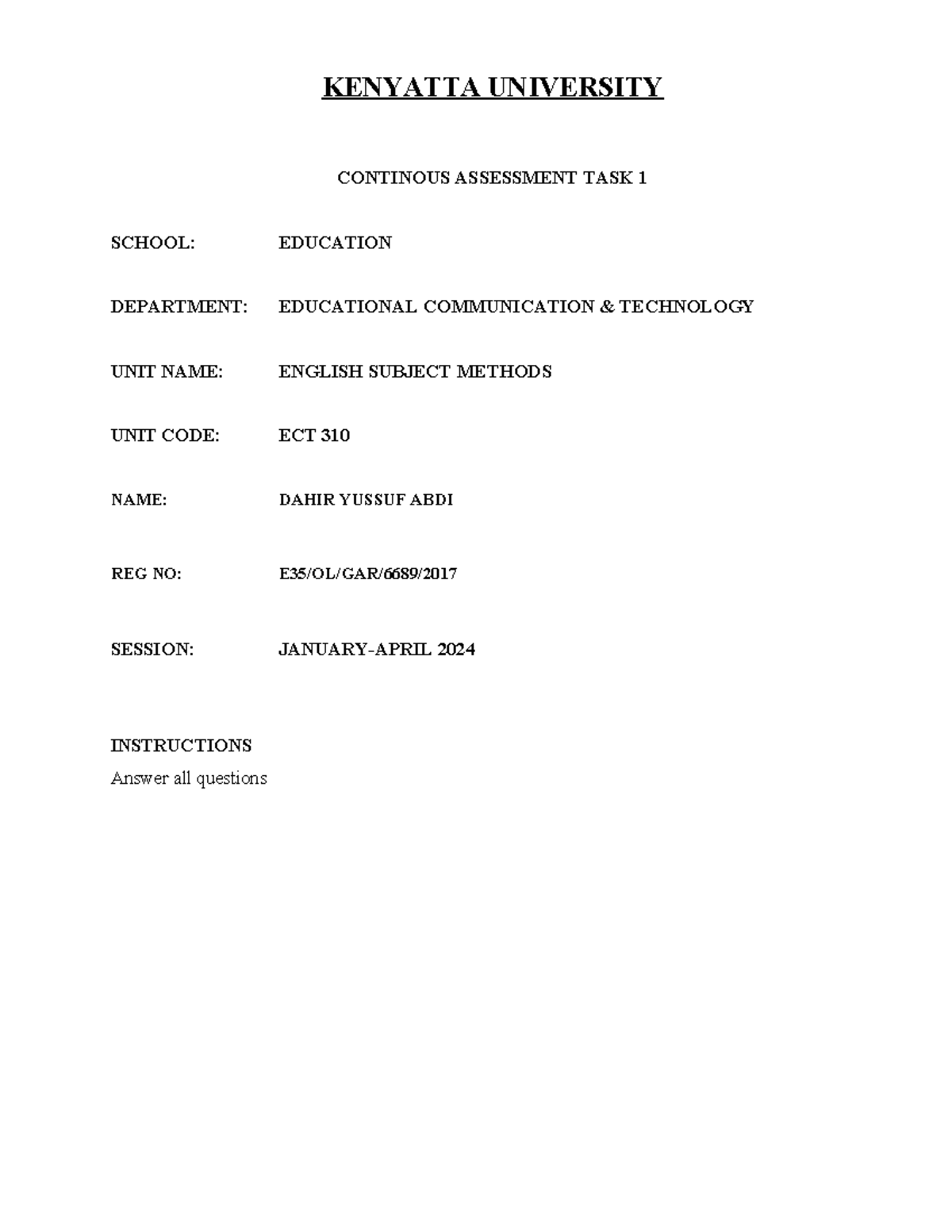 Teaching method - KENYATTA UNIVERSITY CONTINOUS ASSESSMENT TASK 1 ...