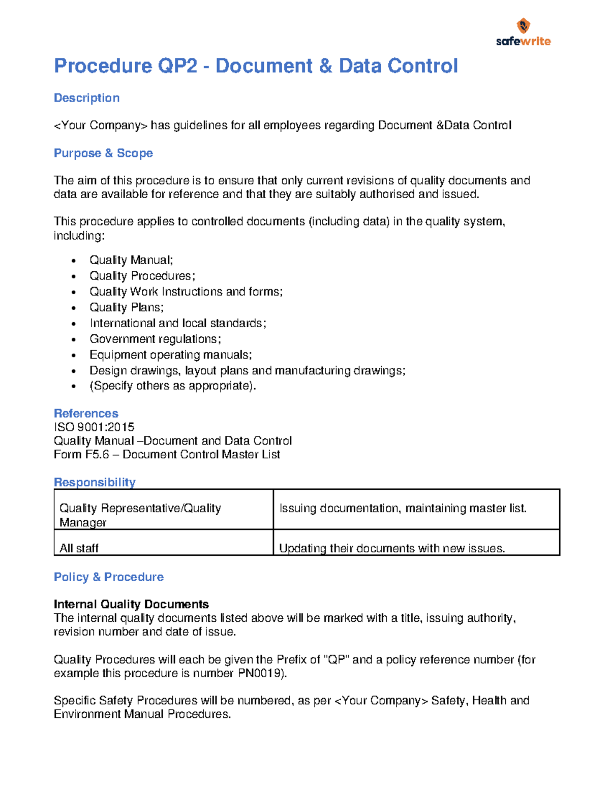 Procedure QP2 Document Data Control 1 - Procedure QP2 - Document & Data Control Description ...