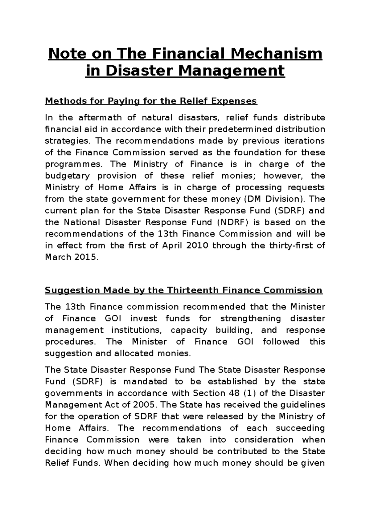 Note on The Financial Mechanism in Disaster Management - Note on The ...