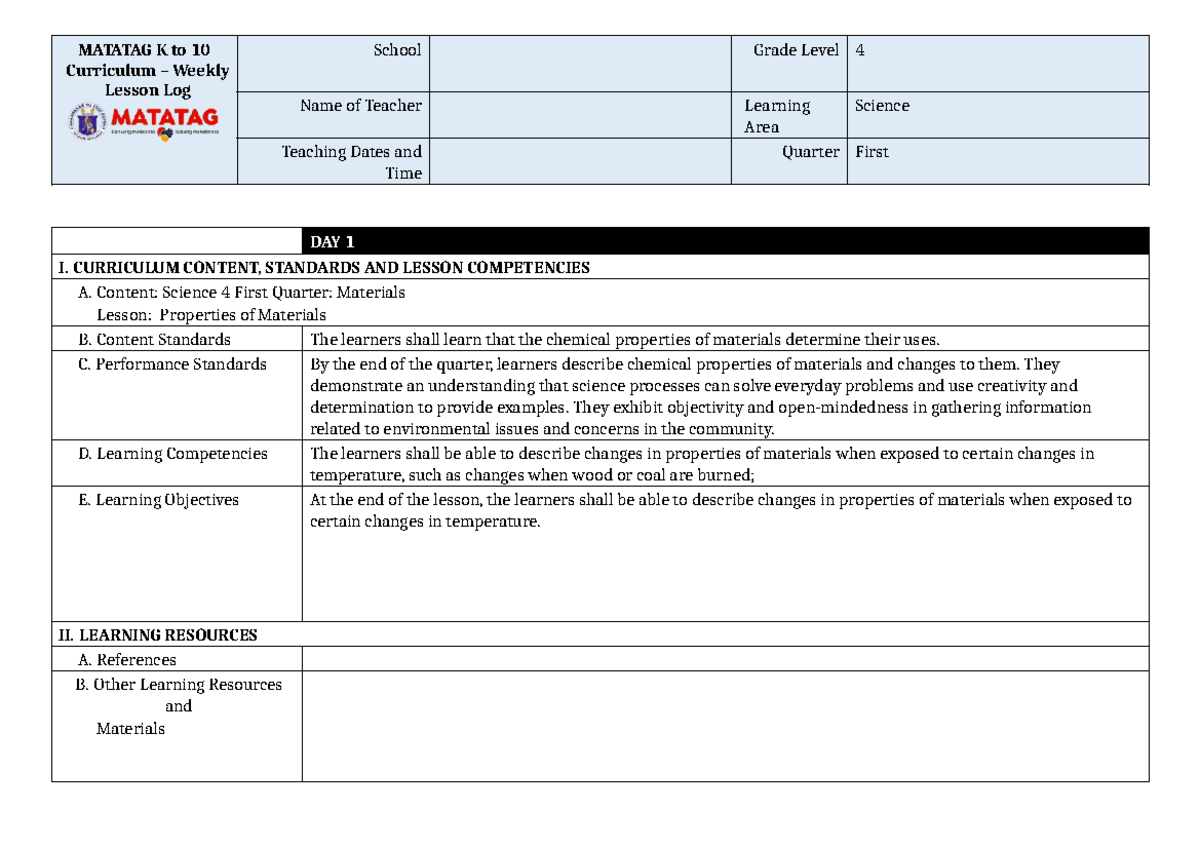 DEMO Lesson PLAN Grade 4 Science - DAY 1 I. CURRICULUM CONTENT ...